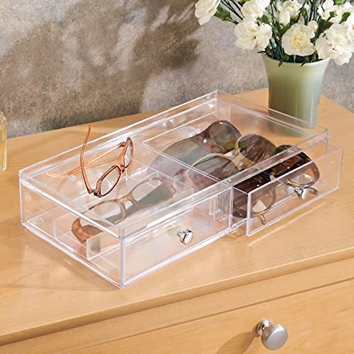mDesign Wide Stackable Plastic Eye Glass Organizer Box Holder for Sunglasses, Reading Glasses, Lens Cleaning Cloths, Accessories - 2 Divided Drawers with 6 Sections, Chrome Pulls, Clear