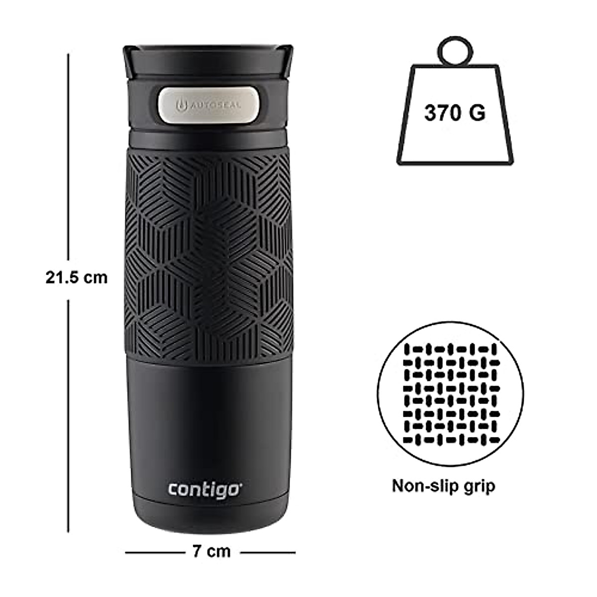 Contigo,Stainless Steel 72086 TRANSIT 16OZ MATTE BLACK GRIP A, 1 Count (Pack of 1)