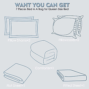 Queen Comforter Set 7 Pieces Bed in a Bag, Full/Queen Reversible Bed Set with Comforter, Flat Sheet, Fitted Sheet, Pillowcases & Shams, Navy Blue and Grey Bedding Sets for Queen Size Bed