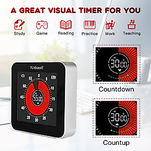 Yunbaoit VT08 Pro Digital Rechargeable Visual Timer with 3.4 Inches Colored Screen,Magnetic Back,60 Minutes Silent Countdown/up Timer for Kids or Adults,Time Management Tool for Study, Working,Cooking