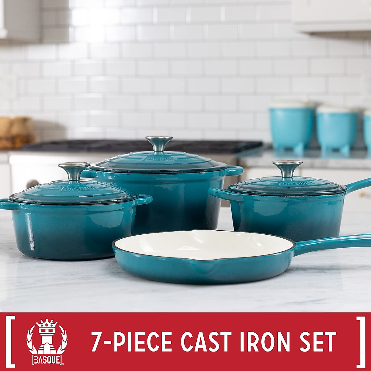 Basque Enameled Cast Iron Cookware Set, 7-Piece Set (Biscay Blue), Nonstick, Oversized Handles, Oven Safe; Skillet, Saucepan, Small Dutch Oven, Large Dutch Oven, 10.25", 2QT, 2.25QT, 4.75QT