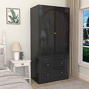 Buenhomino 71" Wardrobe Closet with 2 Door & 2 Drawer, Bedroom Wooden Armoire with Hanging Rod Shelf, Freestanding Large Capacity Clothing Wardrobe Cabinet w/Gold Handles for Bedroom - Black