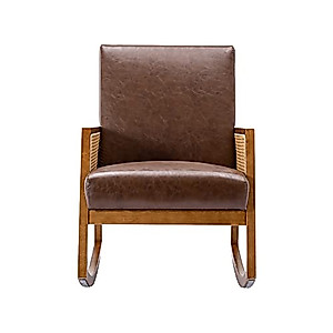 Haplized Brwon Leather Rocking Chair, Modern Rattan Armrests Accent Chair with Padded Seat and High Backrest, Comfy Rocker for Nursery, Living Room, Bedroom