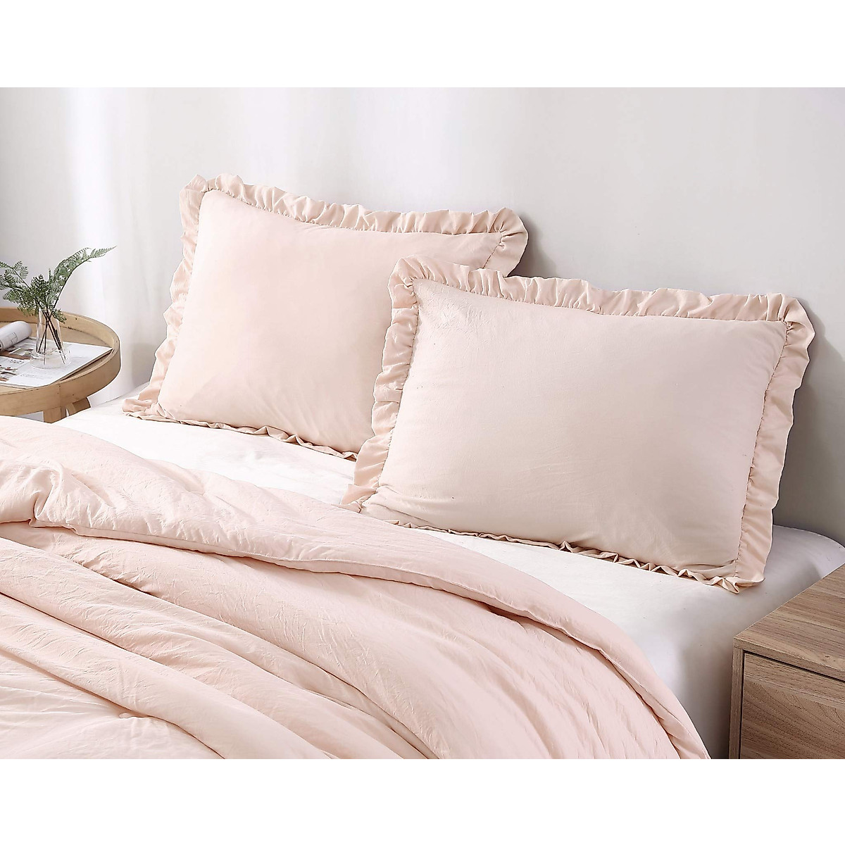 Chezmoi Collection Nora 3-Piece Ruffled Edge Trim Duvet Cover Set - Hypoallergenic Soft Washed Microfiber Comforter Cover with Button Closure and Corner Ties - King, Blush