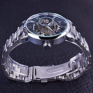 FORSINING Golden Transparent Case Stainless Steel Mens Watches Luxury Skeleton Mechanical Hand Wind Watch
