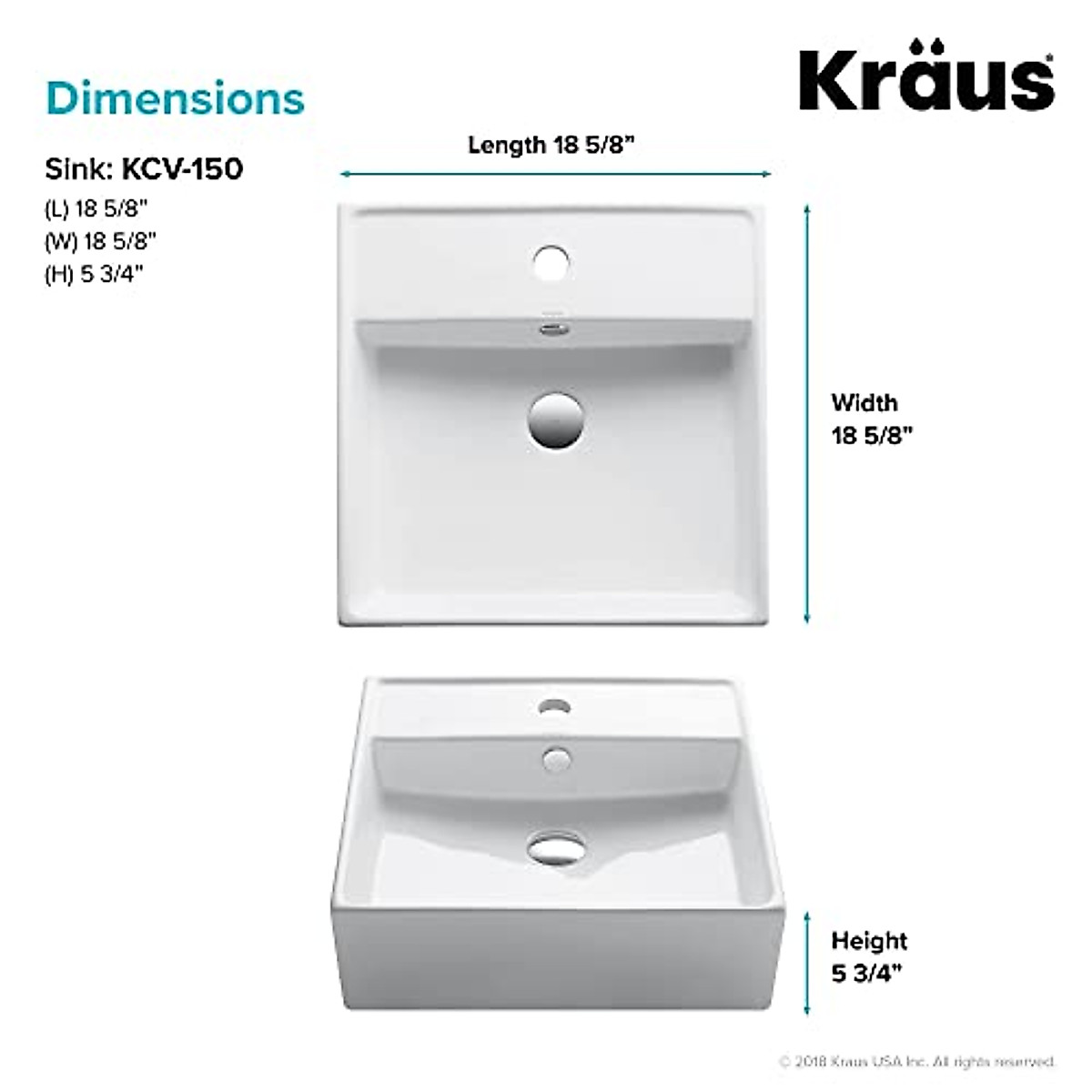 Kraus KCV-150 Elavo Square Vessel Porcelain Ceramic Bathroom Sink with Overflow, 18 1/2, 18.63, White
