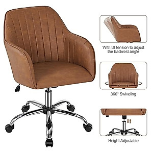 Yaheetech Modern Faux Leather Desk Chair Height Adjustable Task Chair Swivel Office Chair Makeup Chair Computer Chair Mid Back Chair Living Room Chairs with Arms Retro Brown