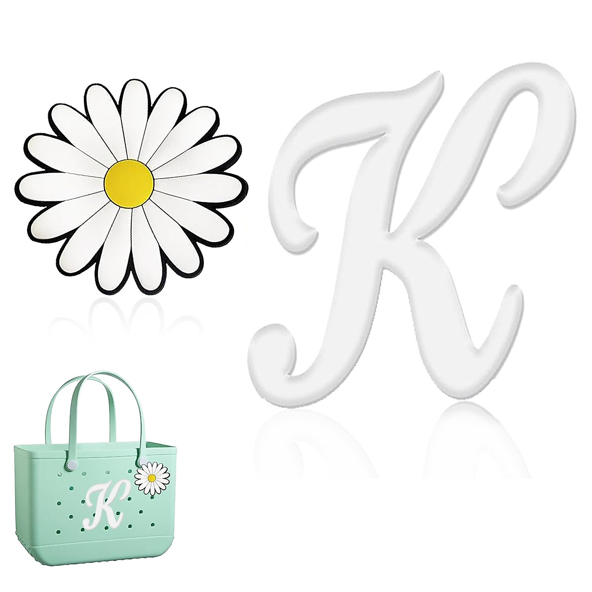 Hroatpk 2pcs Charms for Bogg Bag, Letter Charms Decorative Alphabet Lettering Accessories Insert Charms Compatible with Bogg Bag, Beach Bag, Rubber Tote Bag (Letter K+Flower)