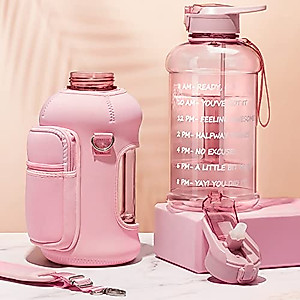 Fimibuke Half Gallon Water Bottle with Sleeve 64 OZ Water Bottle with Handle & Straw Leakproof Motivational Sports Gym Water Bottle with Time Marker BPA Free Water Jug with Neoprene Holder - Rose Pink