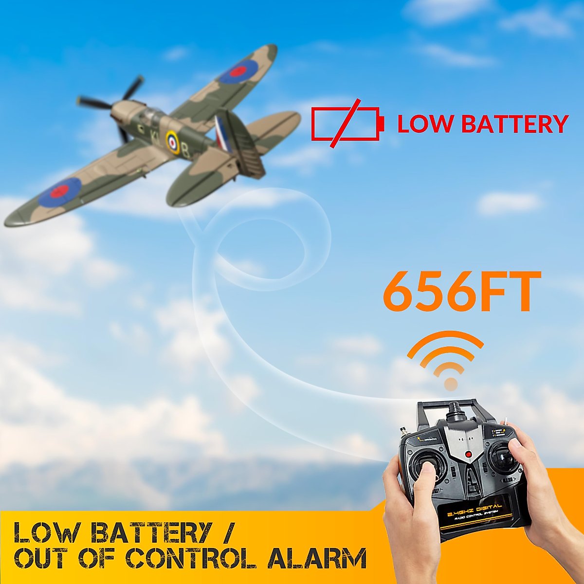 VOLANTEXRC 4-CH Spitfire One Key Remote Control Airplane with Xpilot Stabilization, Gyroscope, 3 Level Control, and Lightweight Design, Camouflage