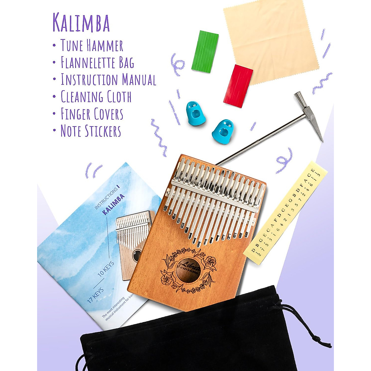 Libretto Kalimba Solid Wood Thumb Piano 17 Keys, Portable Mbira Finger Piano with Tune Hammer, Flannel Bag, Manual, Cleaning Cloth, Finger Covers, and Stickers, Great Gift for Kids and Adult Beginners