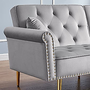 Kakotito Tufted Velvet Sofa Bed Sleeper with 2 Pillows, Luxury Loveseat Couch, Splitback Futon for Living Room & Office, Convertible Futon with Vintage Nailhead Trim and Metal Legs (Gray)