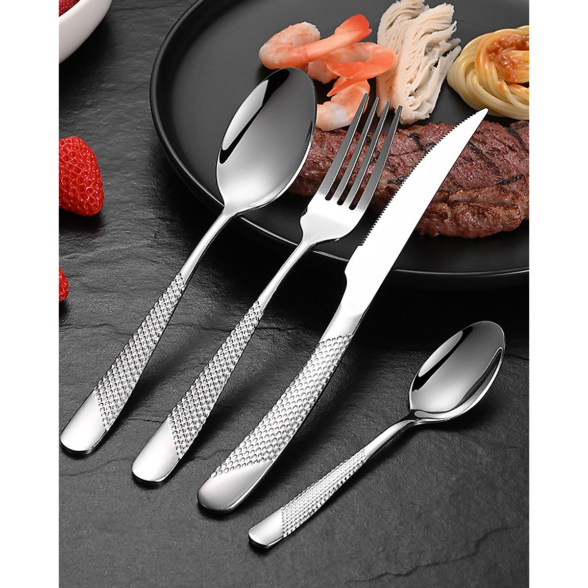 18/8 stainless steel flatware set for 8, tableware set handle France style cutlery set with knife, fork, spoon, steak knife in Diamond texture pattern, perfect as a housewarming gift