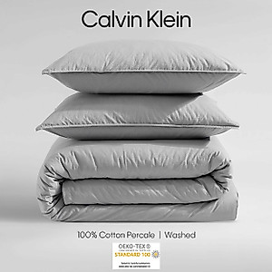 Calvin Klein - Queen Duvet Cover Set, Washed Cotton Percale Bedding, Luxuriously Soft Home Decor (Washed Percale Steel Blue, Queen)
