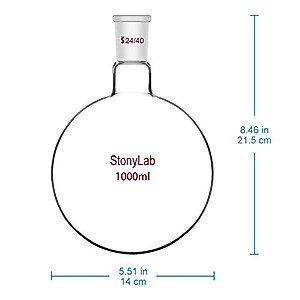 StonyLab 1000ml Glass Single Neck Round Bottom Flask RBF, with 24/40 Standard Taper Outer Joint - 1L (1 Liter)
