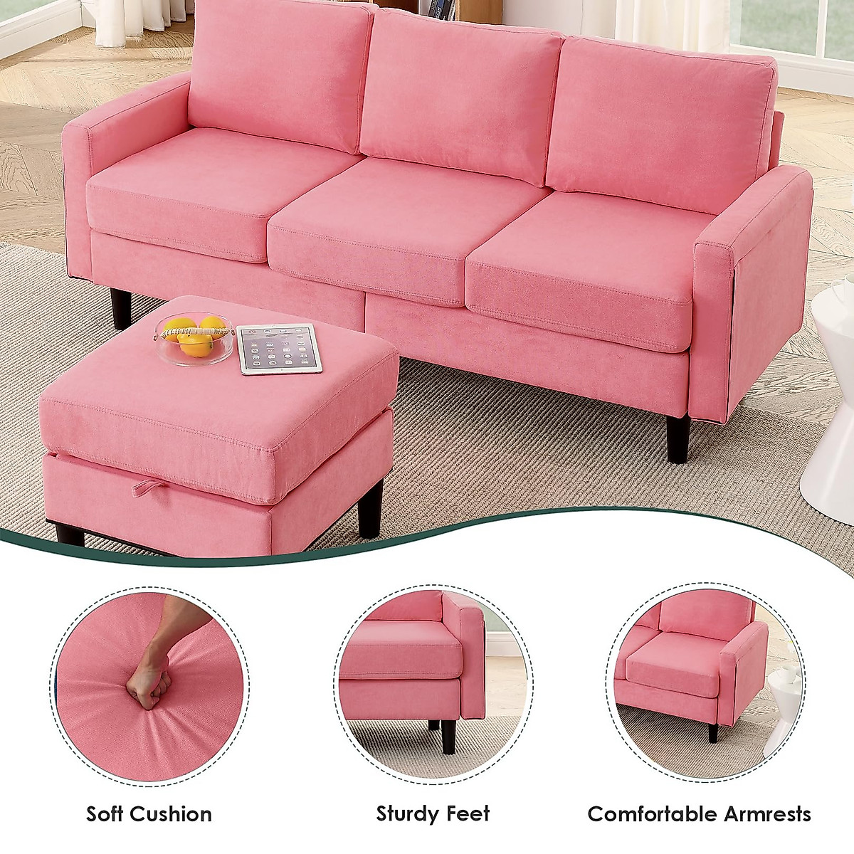 TMEOSK Convertible Sectional Sofa Couch, 3-Seat L-Shaped Sofa with Reversible Storage Ottoman, Modern Linen Fabric Upholstered Sofa Furniture Sets for Living Room Small Space Apartment (Pink)