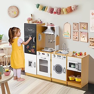 JOYLDIAS Kids Play Kitchen Set, Wooden Free Combination & Movable Pretend Toddler Kitchen Toy with Real Sound and Light, Ice Maker, Oven,Washer,Blackboard and Cookware Accessories for Age 3+ Toddlers
