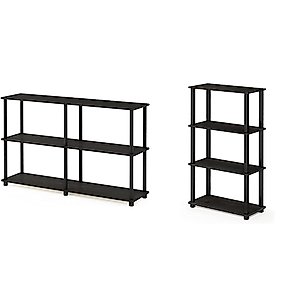 Furinno Turn-N-Tube 3-Tier Double Size Storage Display Rack, Espresso/Black & Turn-N-Tube 4-Tier Multipurpose Shelf Display Rack, Square Tube, Espresso/Black, Plastic Pole 2 x 2