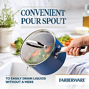 Farberware Style Nonstick Cookware Straining Saucepan with Lid, 3 Quart, Blue