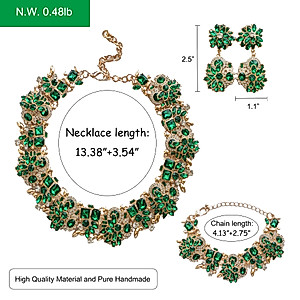 NABROJ Indian Gold Green Jewelry Sets for Women - Chunky Emerald Dark Green Rhinestone Statement Bib Gold Earrings and Necklace Set Costume Jewelry for Women -HLN001 Green 3pcs Set