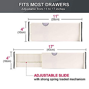 Drawer Dividers Organizer 4 Pack, Adjustable Separators 4" High Expandable from 11-17" for Bedroom, Bathroom, Closet,Clothing, Office, Kitchen Storage, Strong Secure Hold, Foam Ends, Locks in Place