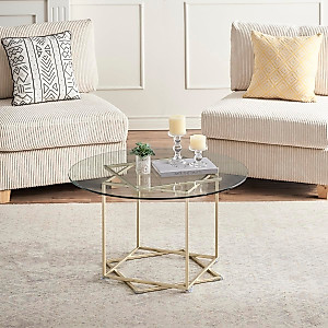Round Coffee Table Glass Coffee Tables for Living Room Modern Gold Metal Steel Frame & Protective Foot Pads Small Coffee Table for Small Space Home Office Bedroom