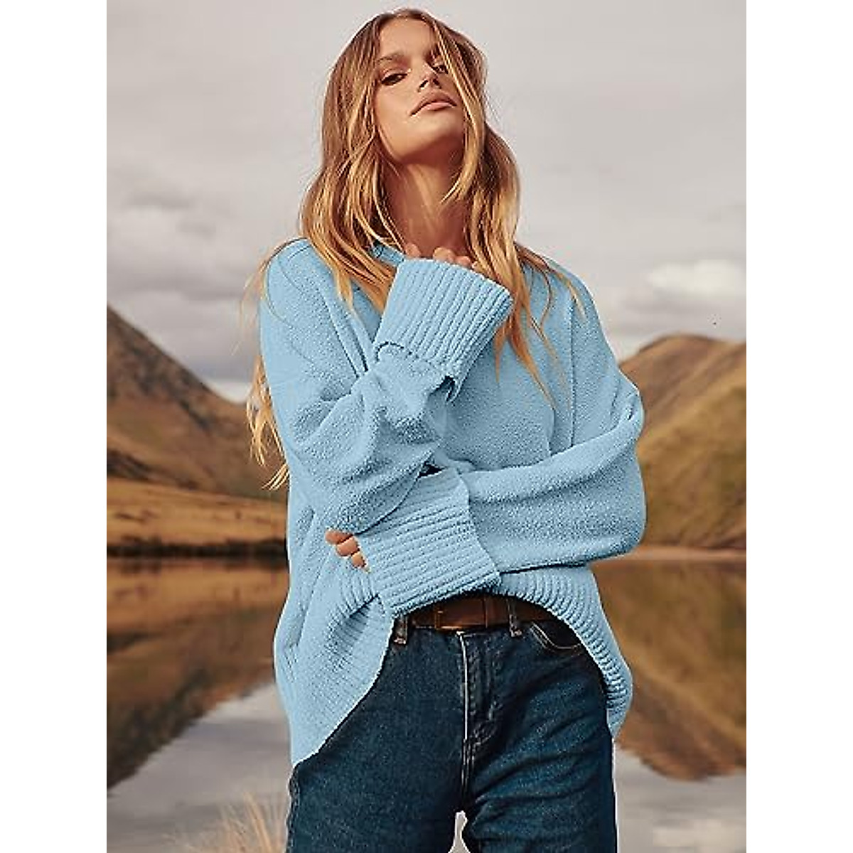 ANRABESS Women's Oversized Crewneck Long Sleeve Fuzzy Knit Casual Chunky Warm 2025 Fall Pullover Sweaters Top Trendy Outfits Blue X-Large