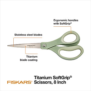 Fiskars Crafts Purpose Titanium Softgrip Fiskars Scissors, 3 Pack, Blue/Pink/Green