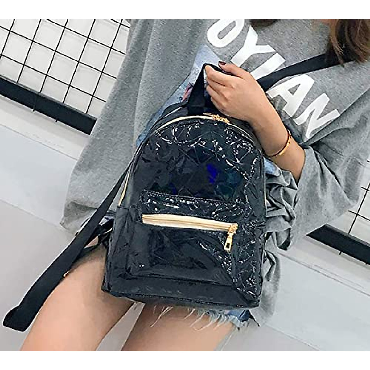 Pamayaneen Girls Hologram Rainbow Backpack Rucksack Glitter Laser Shoulder Bag Casual Daypack