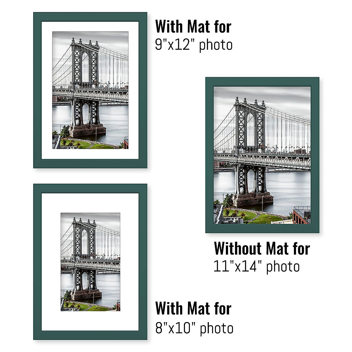 UHFWIFR 11x14 Picture Frames Solid Wood Display Pictures 9x12 or 8x10 with Mat or 11x14 Frame without Mat Poster Photo Frame Art with 2 Mats for Wall Mounting or Table Top(Dark Green)