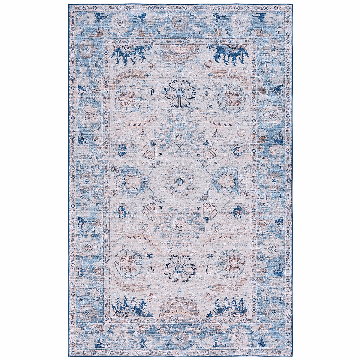 SAFAVIEH Tucson Collection Area Rug - 4' x 6', Blue & Beige, Oriental Design, Machine Washable Ideal for High Traffic Areas in Living Room, Bedroom, Dining (TSN908M-4)