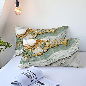 CCoutueChen Sage Green Marble Duvet Cover Queen Size Gold Foil Print Comforter Bedding Set Green White Marble Duvet Covers Set Modern Abstract Comforter Cover with 2 Pillowcases（Girls Women Adult）