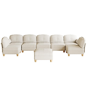 LLappuil Oversized Modular Sectional Fabric Sofa Set, Extra Large L Shaped Couch Reversible Chaise Modular Sectional Couch, 113.5 inch Width,8 Seat Modular Sofa with Storage Ottoman, Linen,Off White