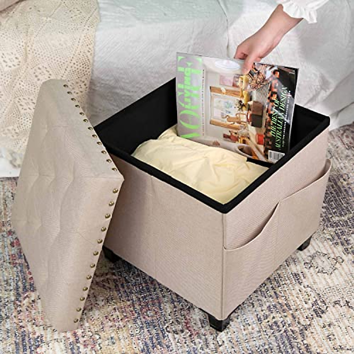 Brakki Storage Ottoman Cube Square Ottoman Foot Rest Cube with Side Pocket,15.7 Inches Storage Bench for Bedroom Living Room Linen Fabric with Wooden Legs Folding Beige Ottoman