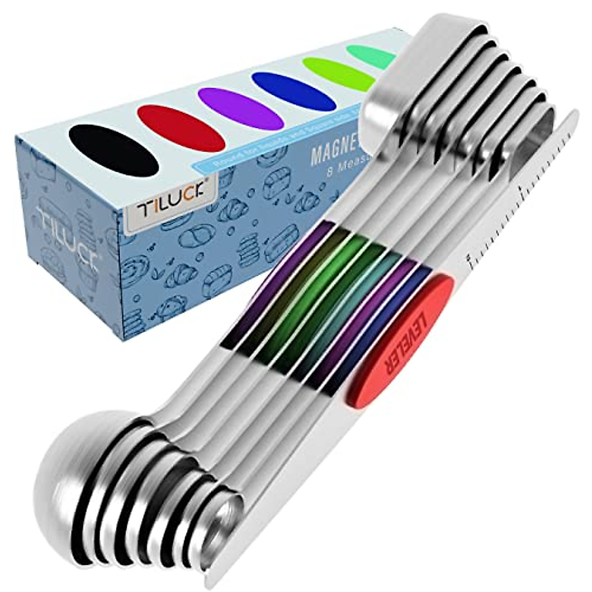 TILUCK Magnetic Measuring Spoons Set, Stainless Steel Dual Sided Spoons Set of 8, Stackable Teaspoon Tablespoon (Color, Rectangle)