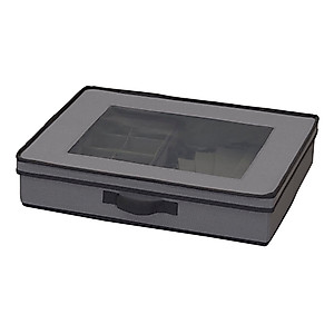 Household Essentials Tabletop Storage Box, Windowed Lid and Front Handle, 8 Compartment Lift-out Tray, 4 Fabric Pouches, Perfect for Special Occasion Tabletop Linens, Gray