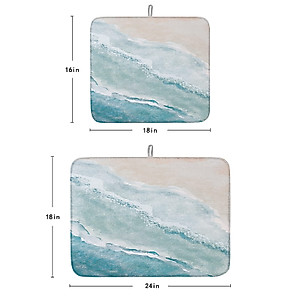 Summer Beach Dish Drying Mat for Kitchen Counter, Aqua Sea Waves Coastal Dish Mat Drying Kitchen Mat, Ocean Nautical Baby Bottle Microfiber Drying Pad, Absorbent Coffee Cup Dishes Drainer Mats 16"x18"