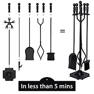 GASPRO 5-Piece Fireplace Tools Set, 32 Inch Wrought Iron Fireplace Accessories Includes Fire Poker, Shovel, Brush, Tong, and Stand, Easy to Assemble