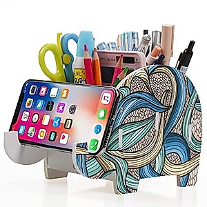 MOKANI Pen Pencil Holder for Desk Cute Elephant Gifts Desk Organizer Marker Makeup Brush Holders Workspace Organizers Office Decor Accessories with Phone Stand Christmas Gifts For Women Men Adults