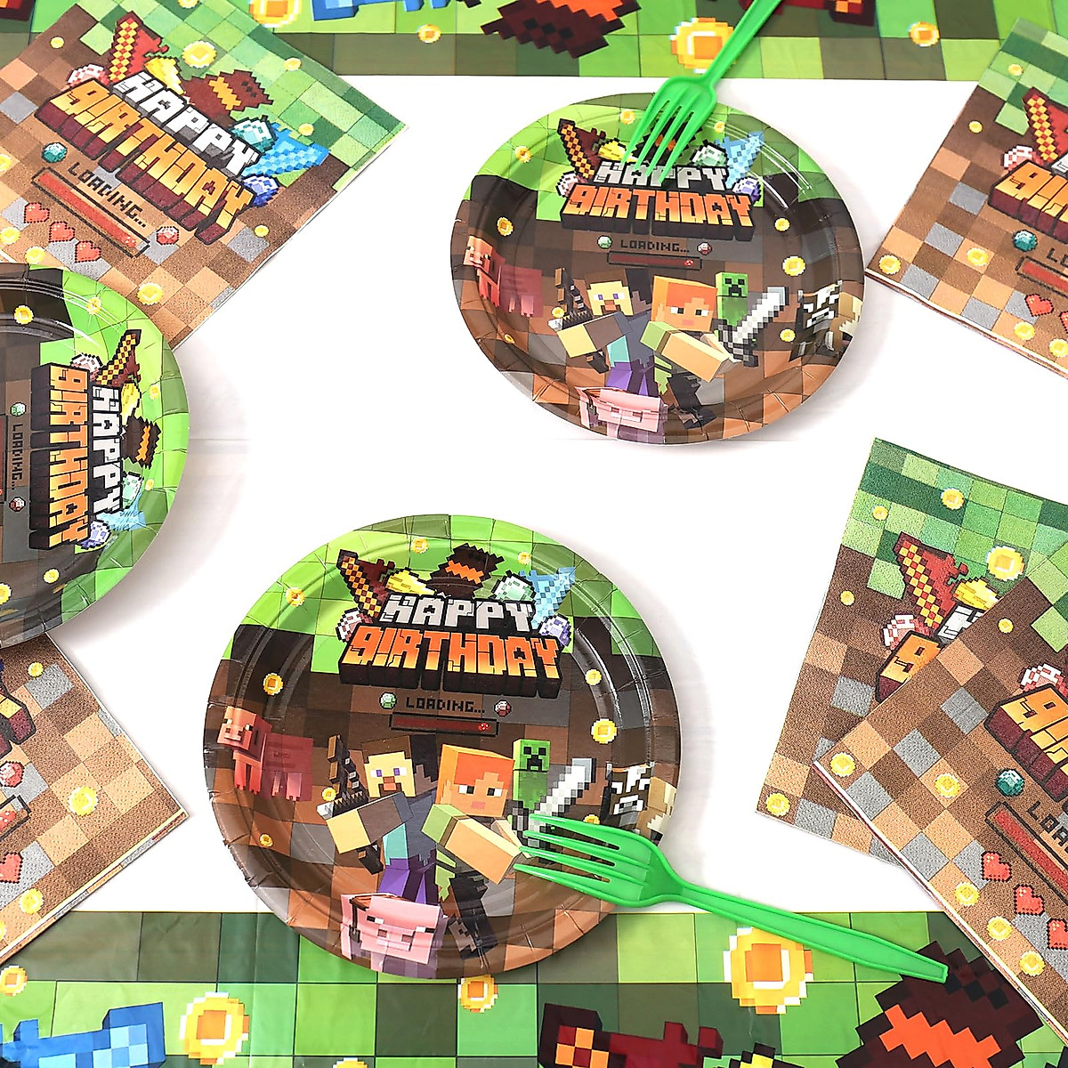 Nifasniy Birthday Party Supplies Decorations Favors Kit for Boys,Banner Plates Napkins Cups Tablecloth Balloons Forks Party Decor（Pixel）