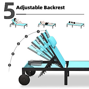 PURPLE LEAF Outdoor Tanning Lounge Chair Set with Face Hole Adjustable Reclining Chairs for Poolside Beach Wheels Pillows and Table Patio Aluminum Sunbathing Lounger Blue