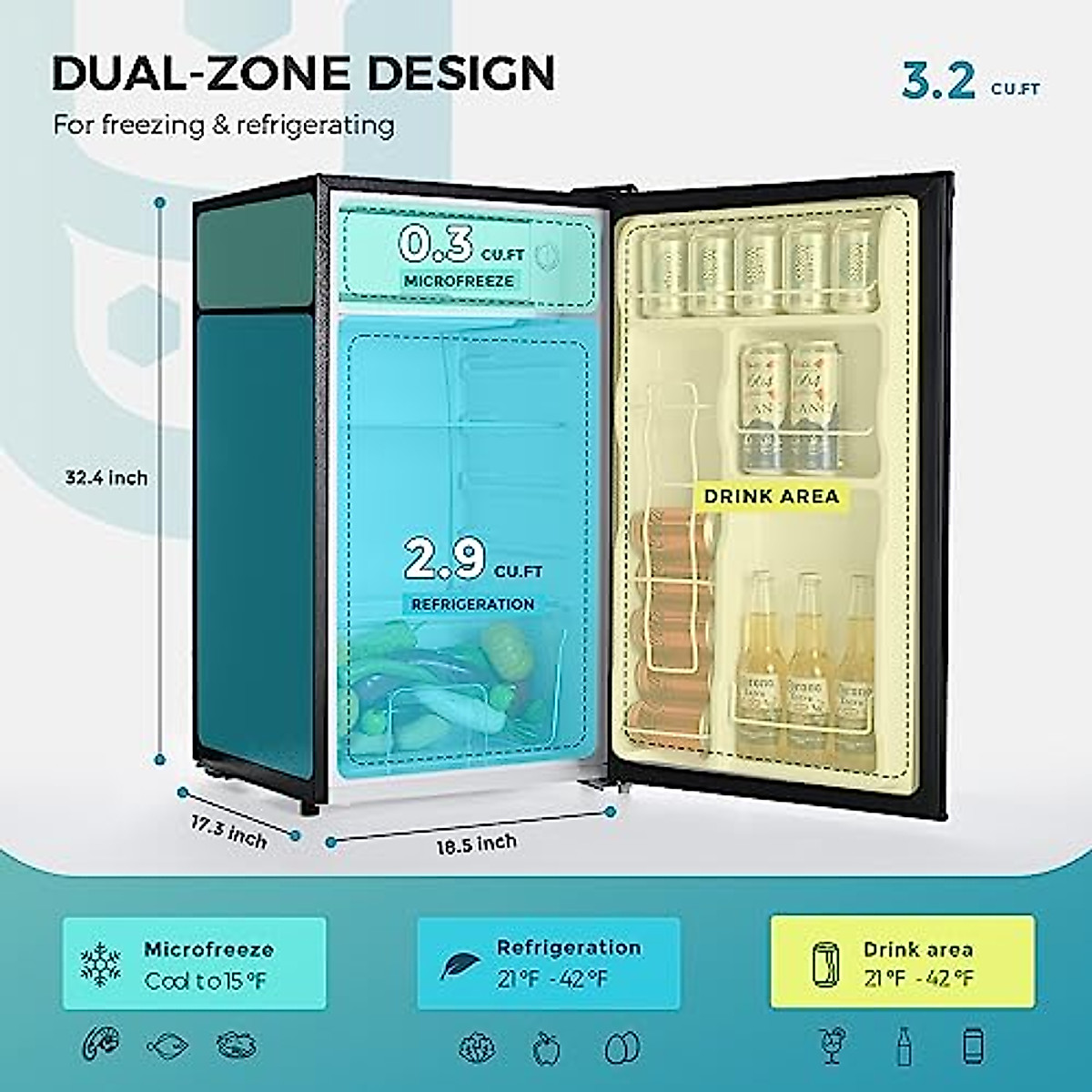 EUHOMY 3.2 Cu.Ft Mini Fridge with Freezer, Single Door Compact Refrigerator, LED light, Adjustable Thermostat, Mini Refrigerator Energy Saving, Mini fridge for Bedroom, Dorm, Office, Black