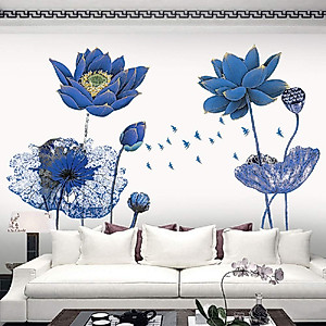 Creative Gaint Cartoon Blue Lotus Wall Stickers Removable DIY Flowers Nursery Decor Wall Decals 3D Floral Peel and Stick Art for Home Walls Girls Bedroom Living Room Classroom Bathroom