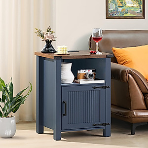 Joaxswe Night Stand with Charging Station and USB Port, 18 Inch Farmhouse Nightstand with Storage Shelf, Rustic Couch End Table with Magnetic Door, Wood Bed Side Tables for Bedroom, Home, Nayv Blue