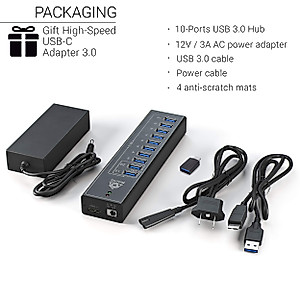 BrovSS: 10 Port Powered USB 3.0 Hub Aluminum with 4 IQ Ports - USB 3 Splitter with 12V 3A 36W Power Adapter. Connect up to 10 Electronics and USB peripherals (Black)