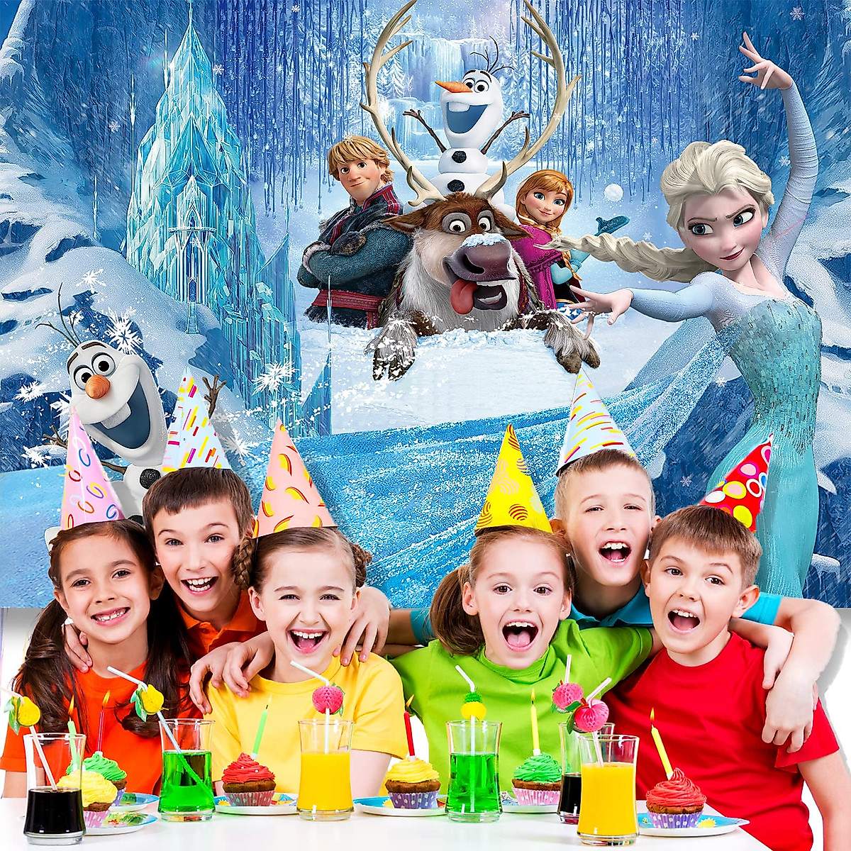 Frozen Backdrop,7x5FT Frozen Theme Happy Birthday Backdrop for Girls Elsa Princess Background Frozen Photography Background Party Supplies Blue