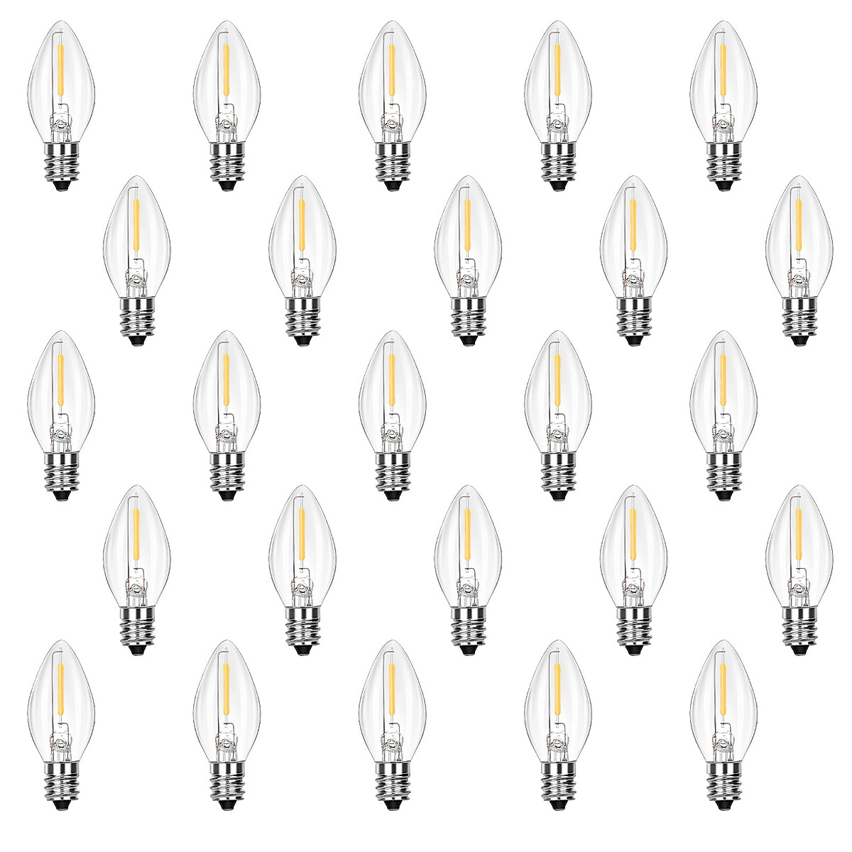 Pallerina 25 Pack LED C7 Clear Replacement Bulbs,Clear Christmas Light Bulbs 0.6Watt Dimmable E12 LED Light Bulbs for Night Light Candles Chandeliers Christmas String Lights, Warm White