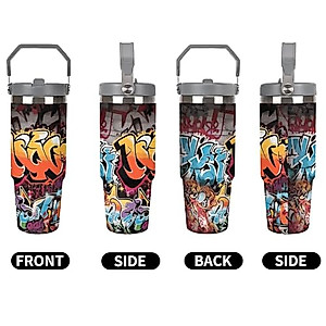 WITHSBKK 30oz Car Cup Graffiti Hip Hop Printed with Portable, Stainless Steel Travel Mug, Vacuum Insulated Tumbler And Straw, Leakproof for Car & Outdoor, UV Printed Design