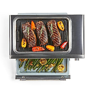 Emeril Power Grill 360, 6-in-1 Countertop Convection Toaster Oven with Top Indoor Grill, Air Fry, Roast, Toast, Bake, Dehydrate, Glass Lid, Stainless Steel