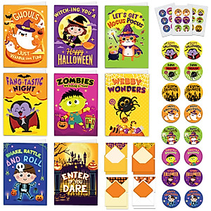 Decorably 16 Pack Halloween Cards with Envelopes & Stickers, 8 Designs Printed Message Inside Halloween Cards for Kids, 5x7in Halloween Cards and Envelopes for Kids, Halloween Greeting Cards for Kids